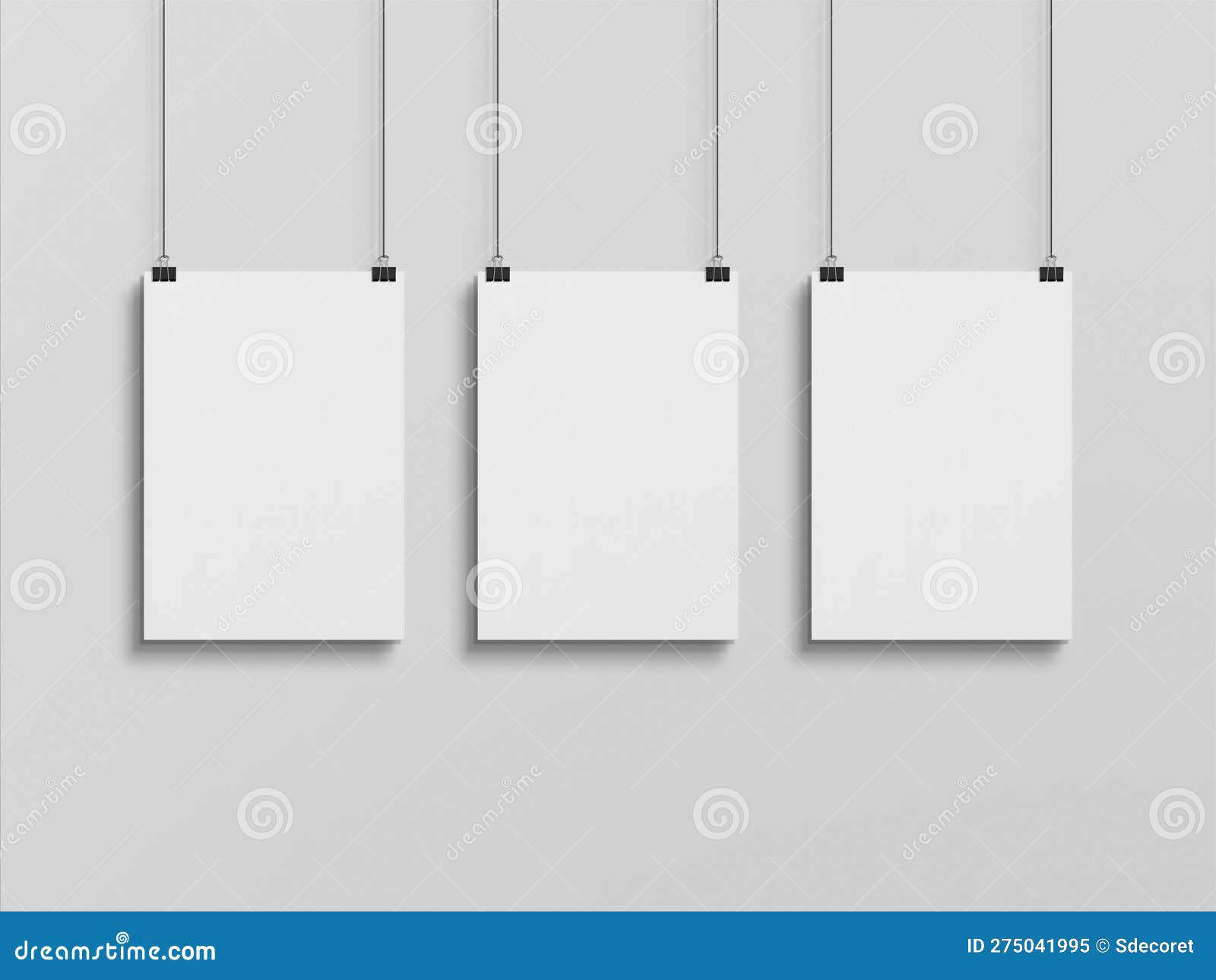 Three Blank Vertical Poster Hanging with Clips on a Wall Mockup. 3D ...