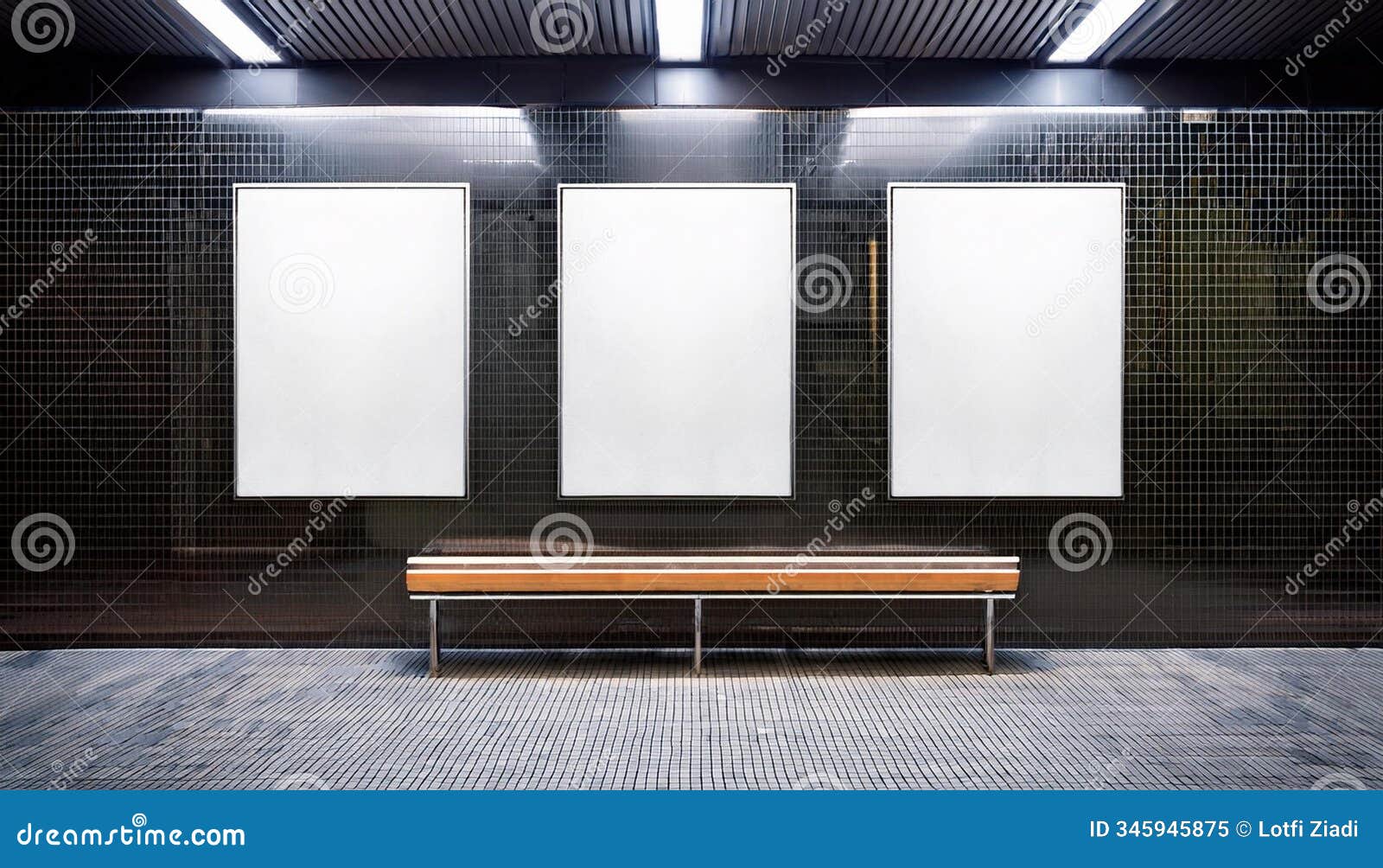 Three Blank Vertical Posters with a Bench in a Modern Subway-like ...