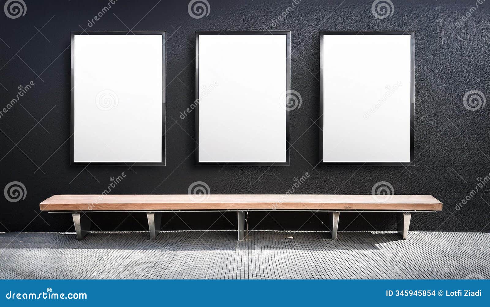 Three Blank Vertical Posters on a Black Wall with a Bench in Front ...
