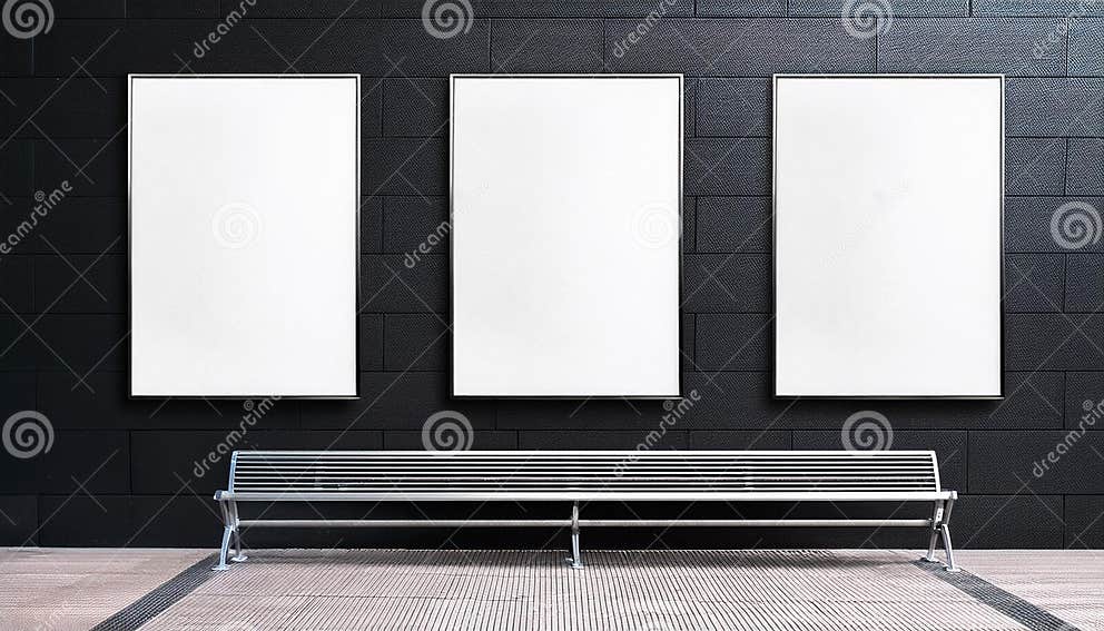 Three Blank Vertical Posters on a Black Wall with a Bench in Front ...