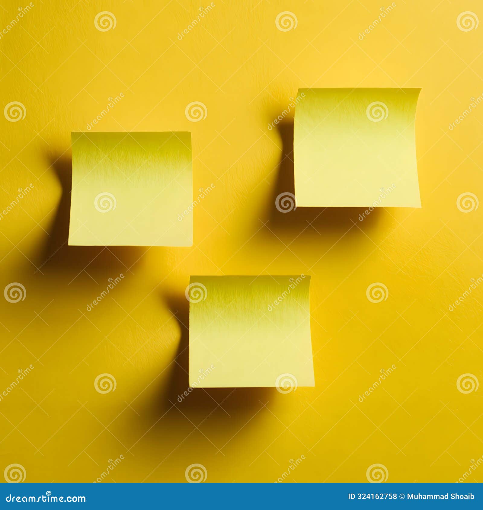 Three Blank Yellow Post it Notes on Yellow Background, Varied Angles ...