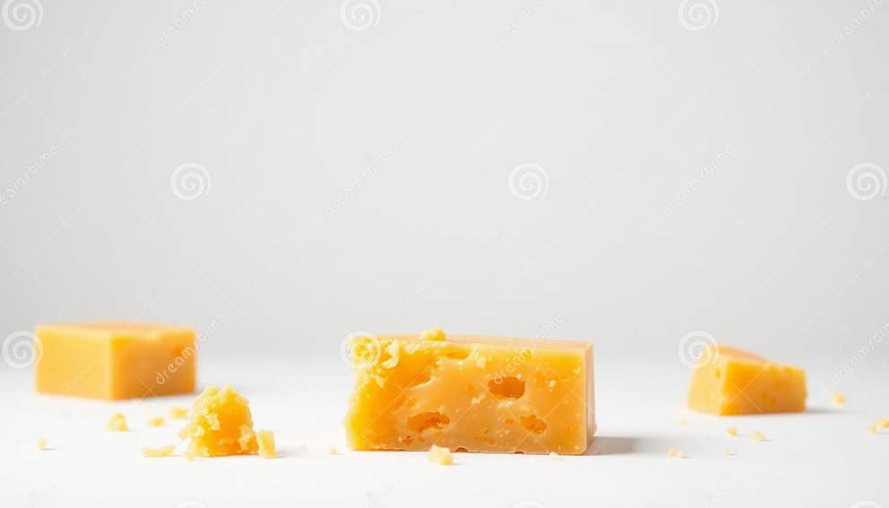 Three Blocks of Yellow Cheddar Cheese are Positioned on a White Surface ...