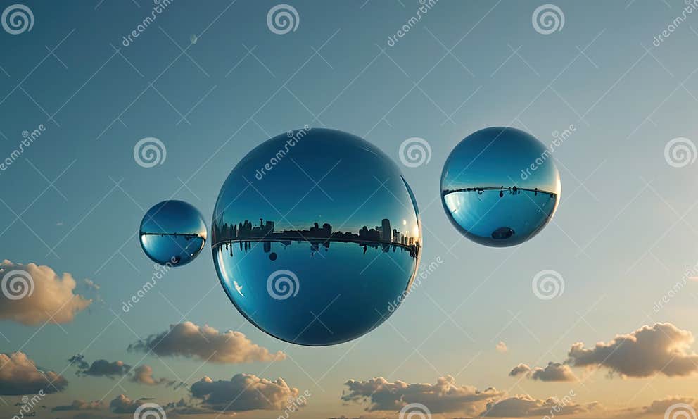 Three Blue Balls are Floating in the Air, with the Reflection of the ...