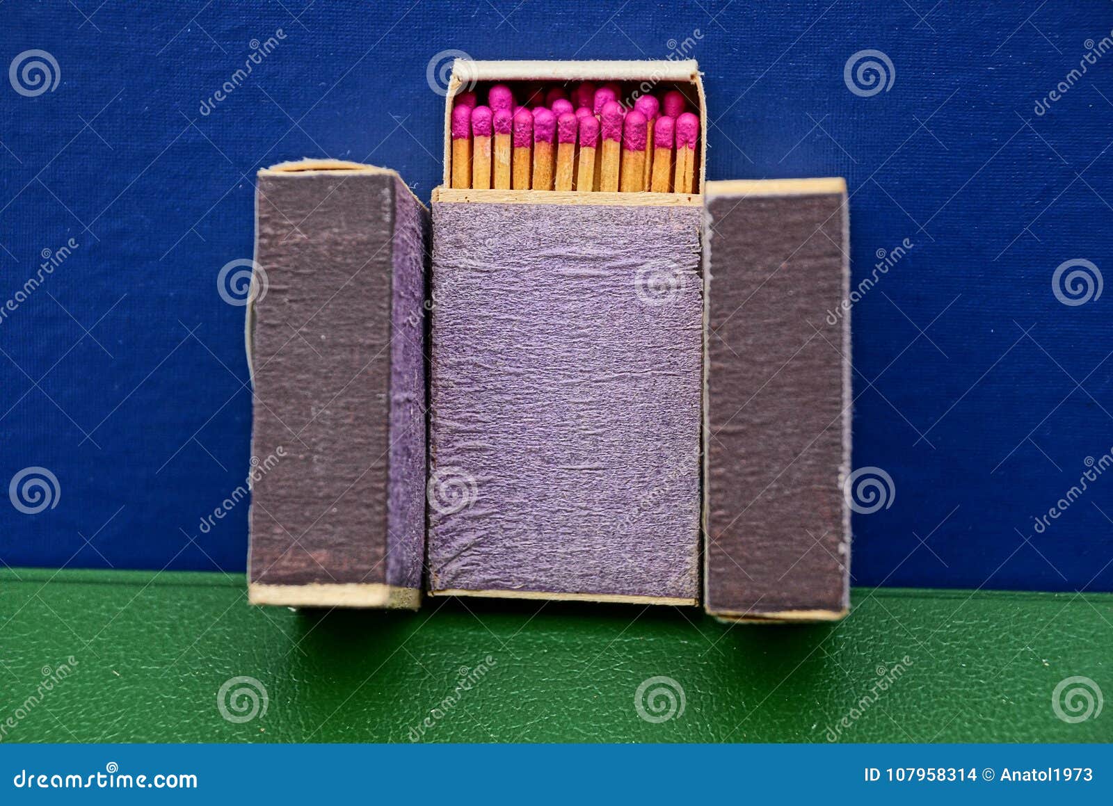 Three Blue Boxes with Matches on the Table Stock Photo - Image of green ...