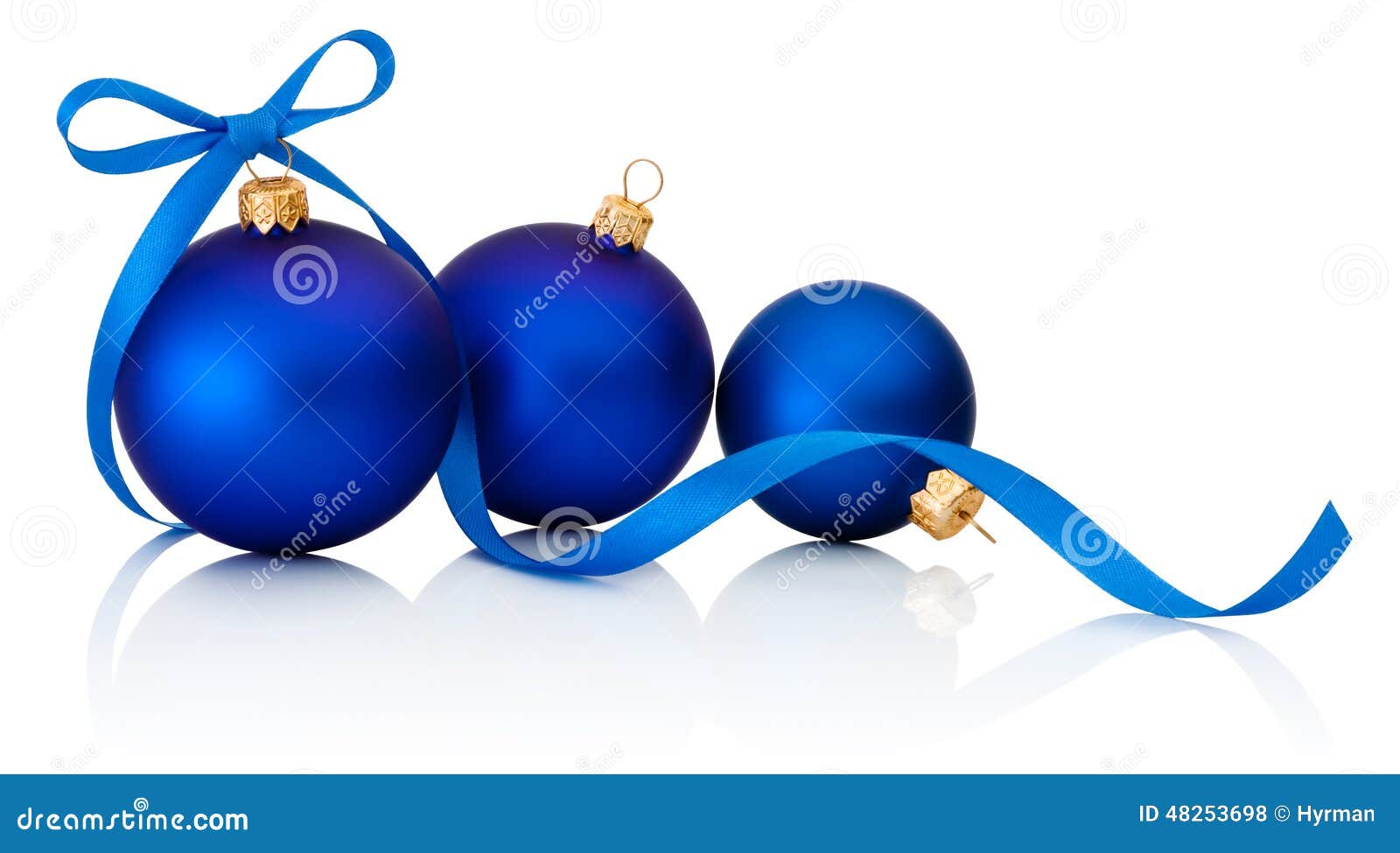 Three Blue Christmas Balls with Ribbon Bow Isolated on White Stock ...