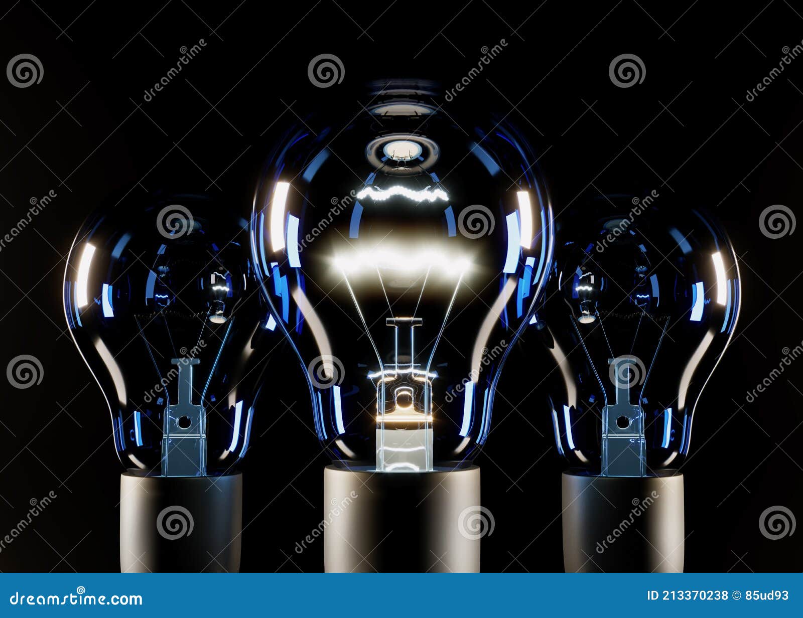 Three Blue Light Bulbs Close-up on a Black Background. Burning Lamp in ...