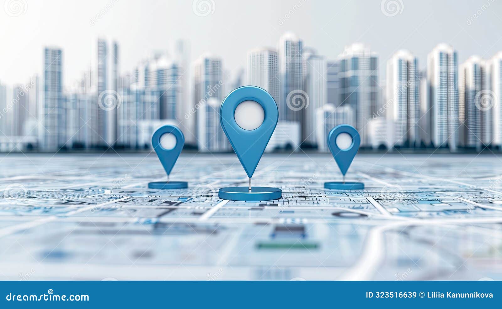 Three Blue Location Pins Stand on a City Map with a Blurred Cityscape ...