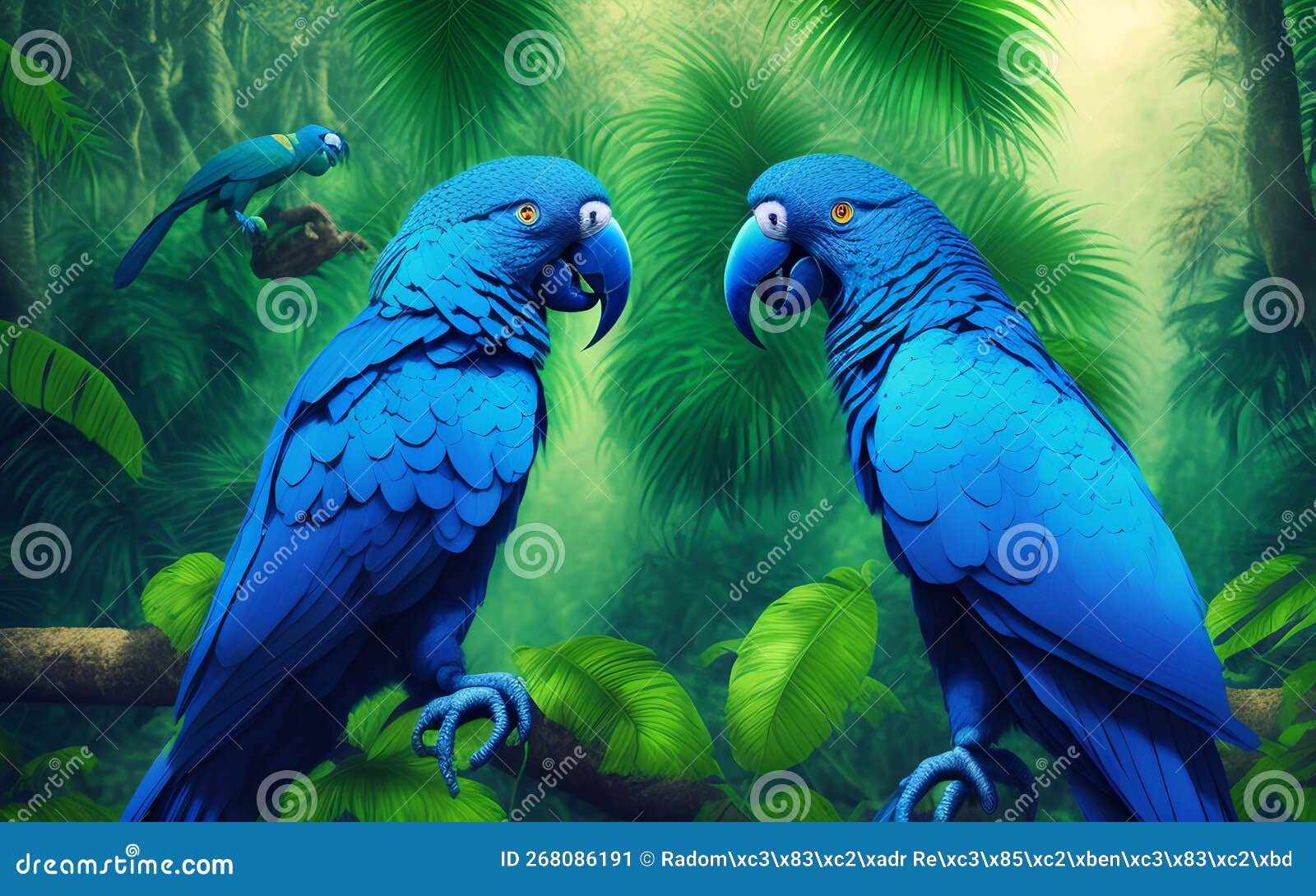 Three Blue Parrots on a Tree in the Rainforest. Generative Al ...