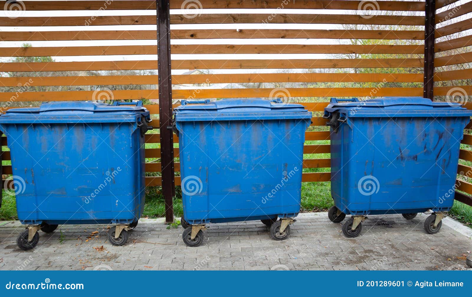 Three Blue Plastic Garbage Containers Stock Image - Image of plastic ...