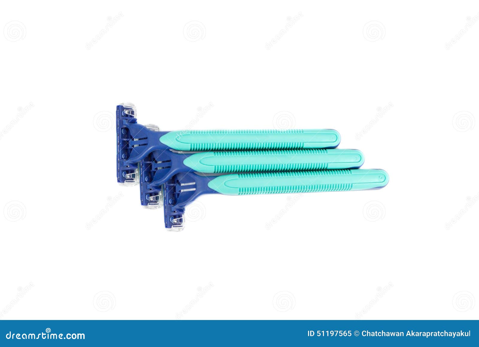 Three Blue Razors with Green Handle Isolated on White Background Stock ...
