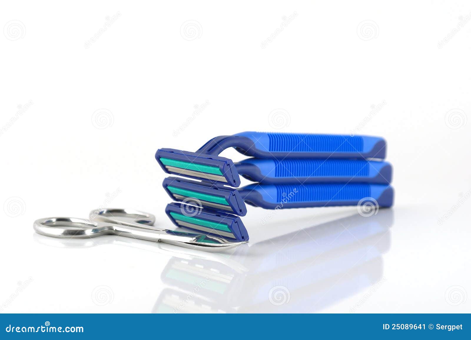 Three Blue Razors and Scissors Stock Image - Image of items, scissors ...