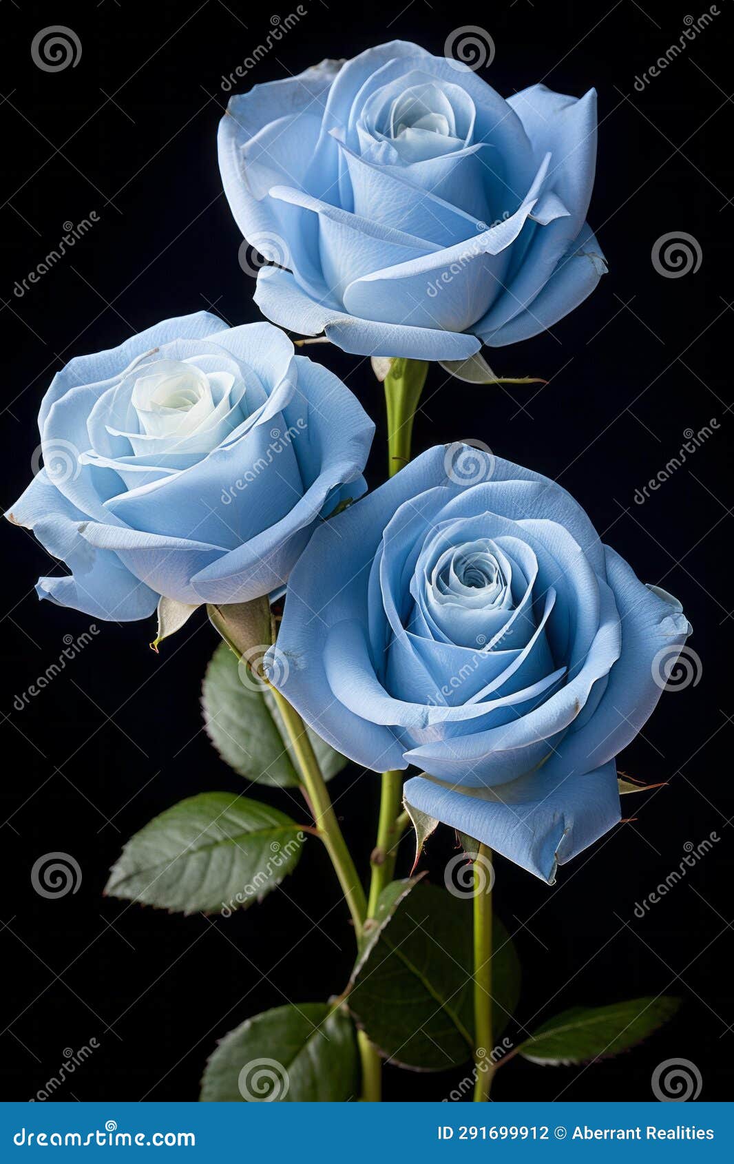 Three Blue Roses Against a Black Background Stock Illustration ...