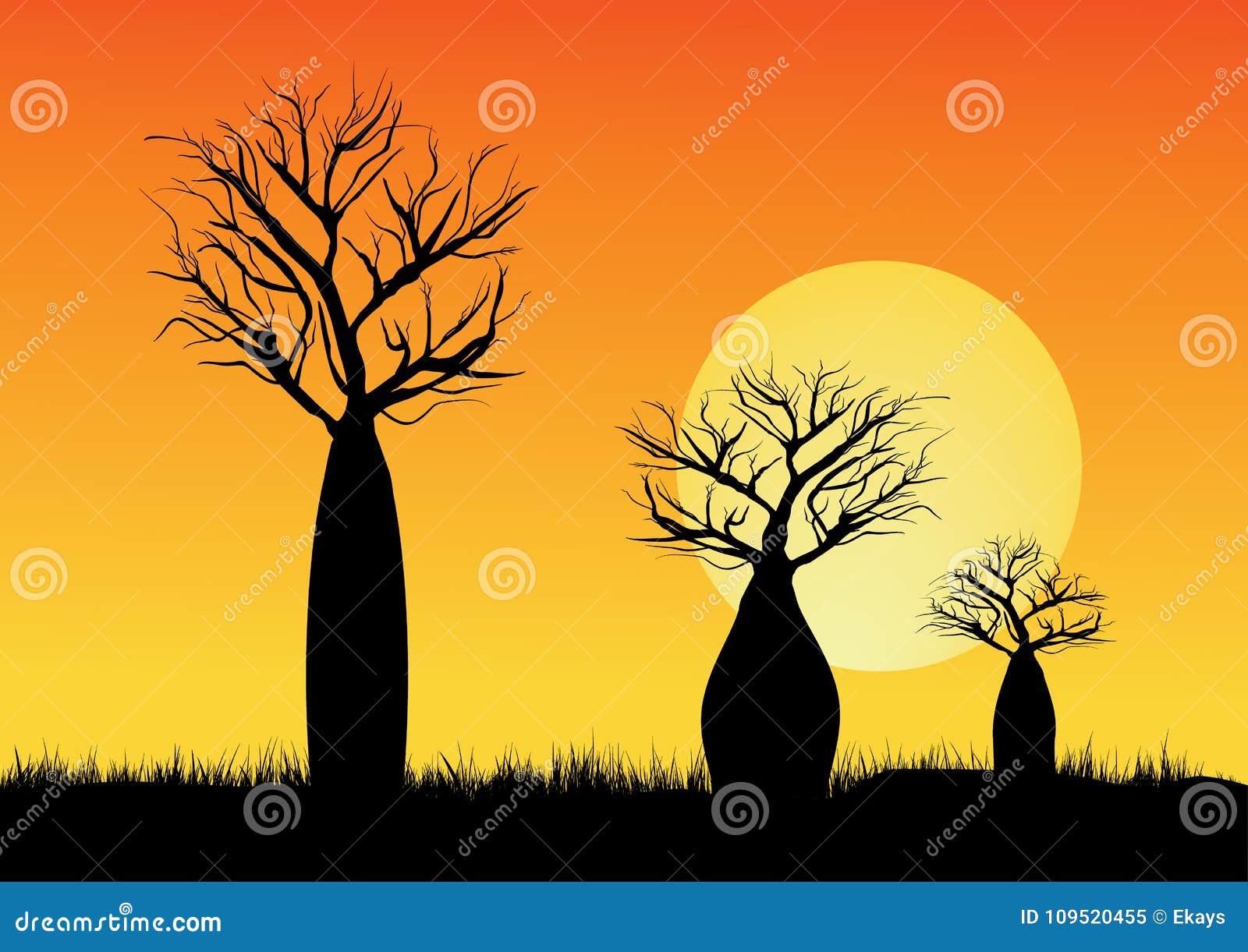 Silhouette of Three Boab Trees Stock Vector - Illustration of grass ...