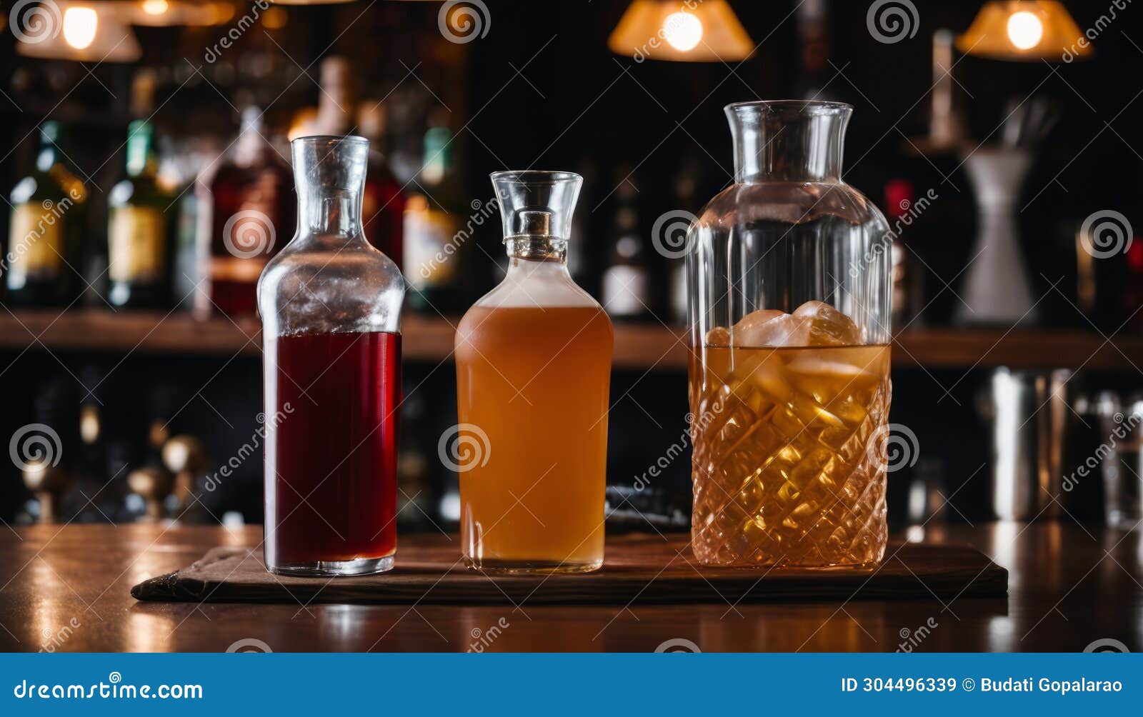 Three Bottles of Alcohol on a Bar Stock Illustration - Illustration of ...