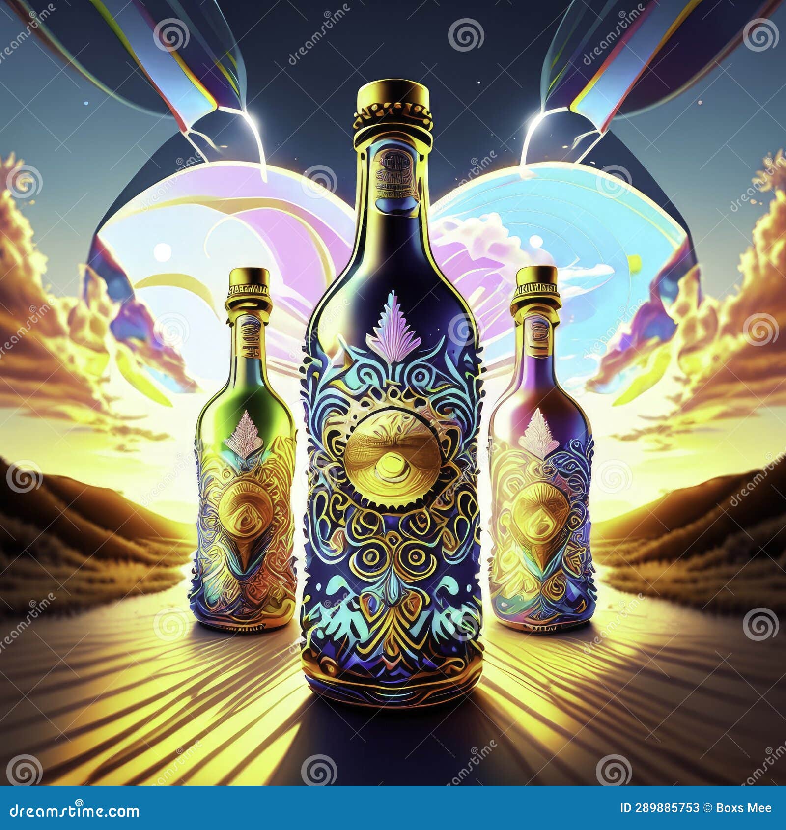 Three Bottles with Magic Potion in Space. 3D Illustration. 3D Rendering ...