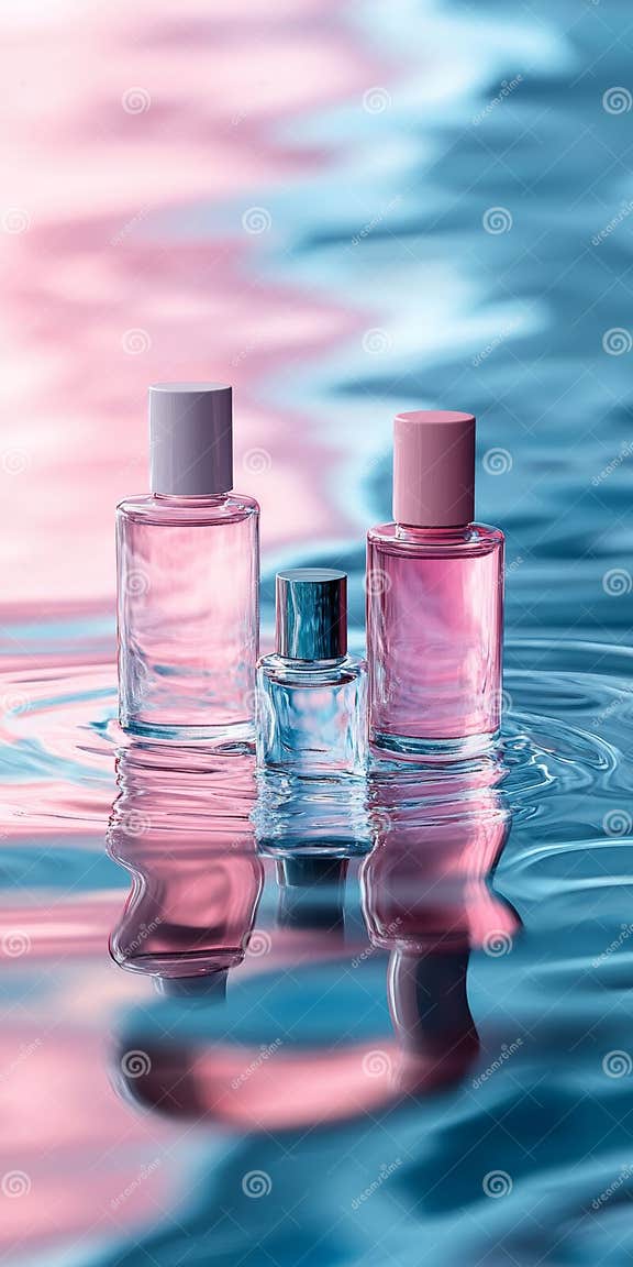 Three Bottles of Perfume are Floating on the Surface of the Water Stock ...