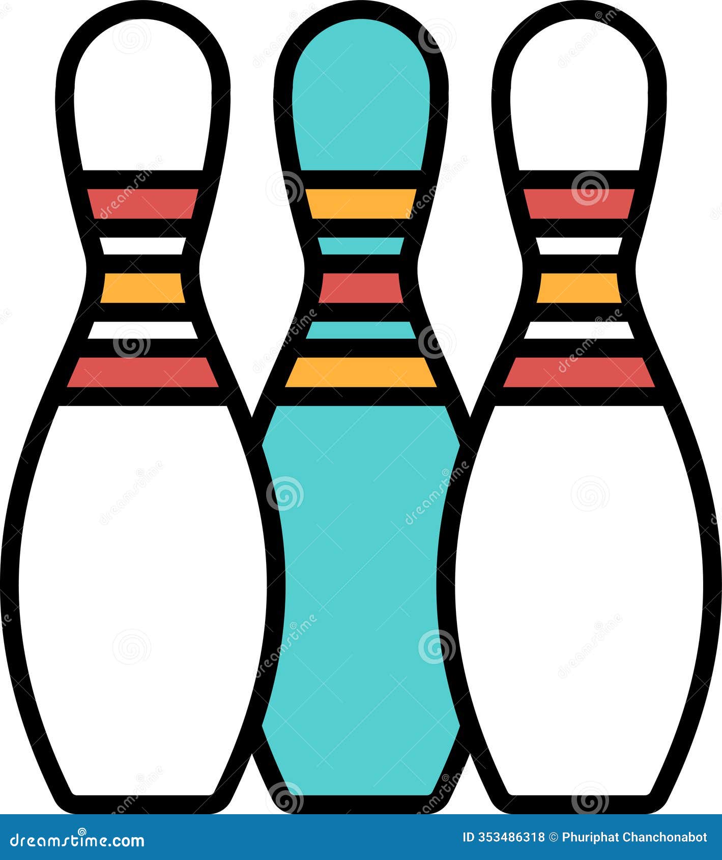 Three Bowling Pins with Stripes and a Blue One in the Middle Stock ...