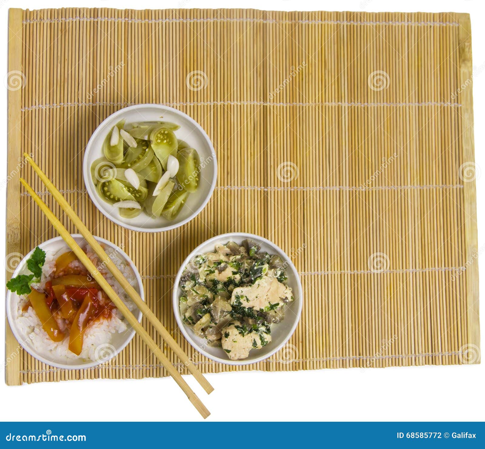 Three bowls on makisu stock photo. Image of paprika, closeup - 68585772