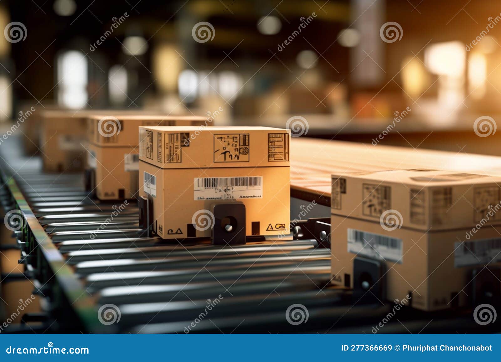 Three Boxes on the Conveyor Belt in the Warehouse in the Style of ...
