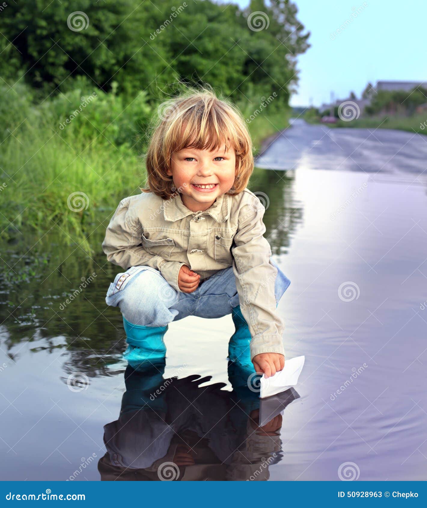 Three boy play in puddle stock image. Image of outdoors - 50928963