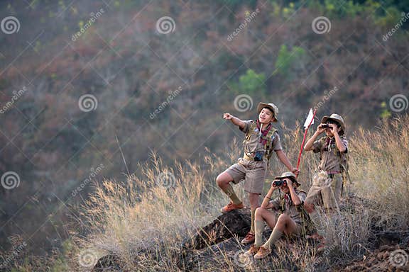 Three Boy Scouts Exploring Nature Stock Photo - Image of examining ...