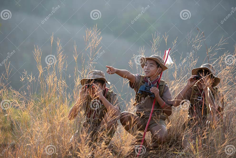 Three Boy Scouts Exploring Nature Stock Image - Image of males ...