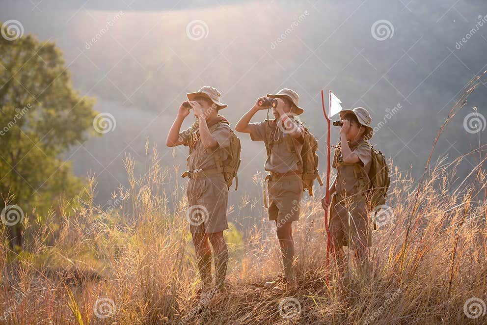 Three Boy Scouts Exploring Nature Stock Image - Image of boys, front ...