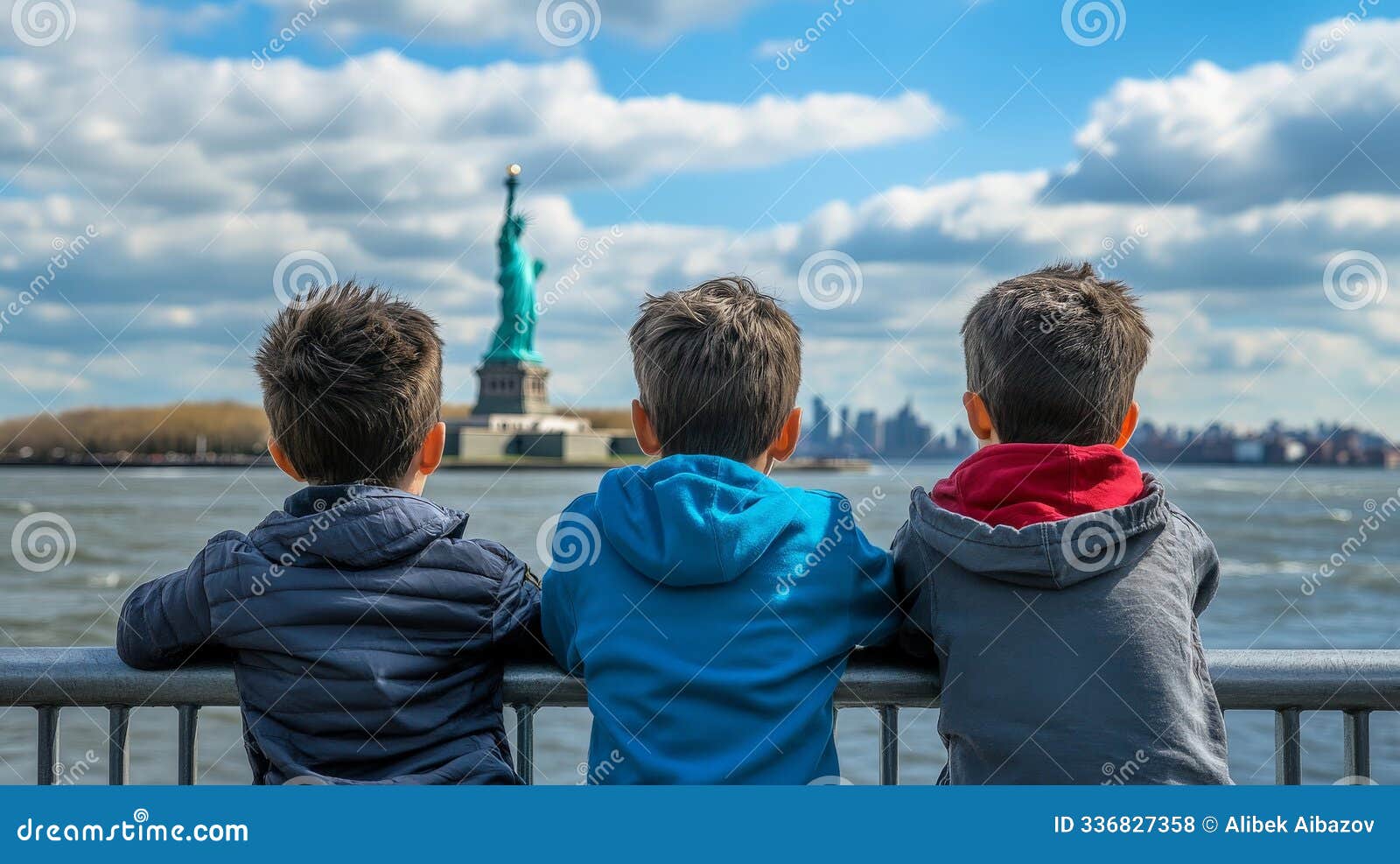 Three Boys Admiring the Statue of Liberty from Waterfront Stock ...