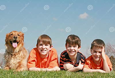 Three Boys and a Dog stock photo. Image of grass, families - 4859332