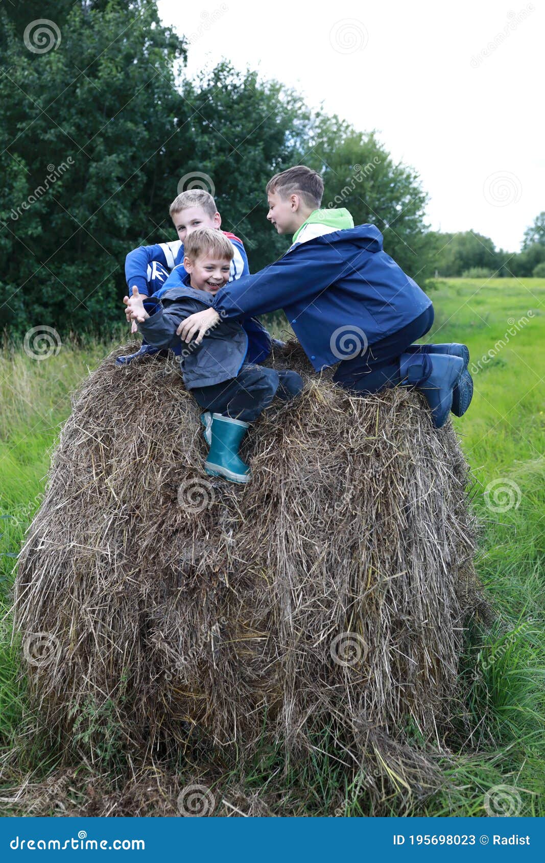 Three Boys Playing on Stack of Straw Stock Image - Image of child ...