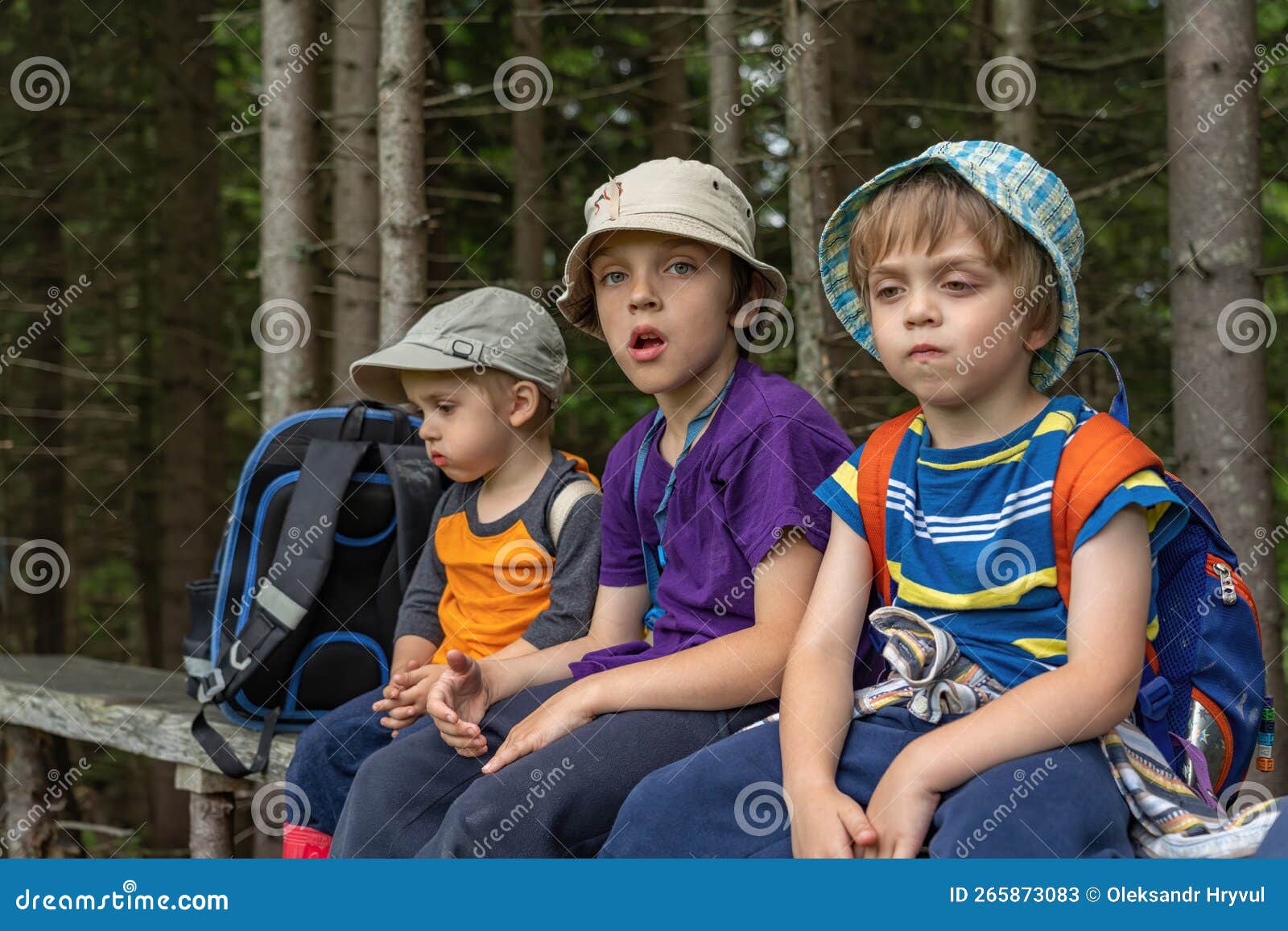 Three Boys are Sitting on a Bench. during the Trip, they Rest Stock ...