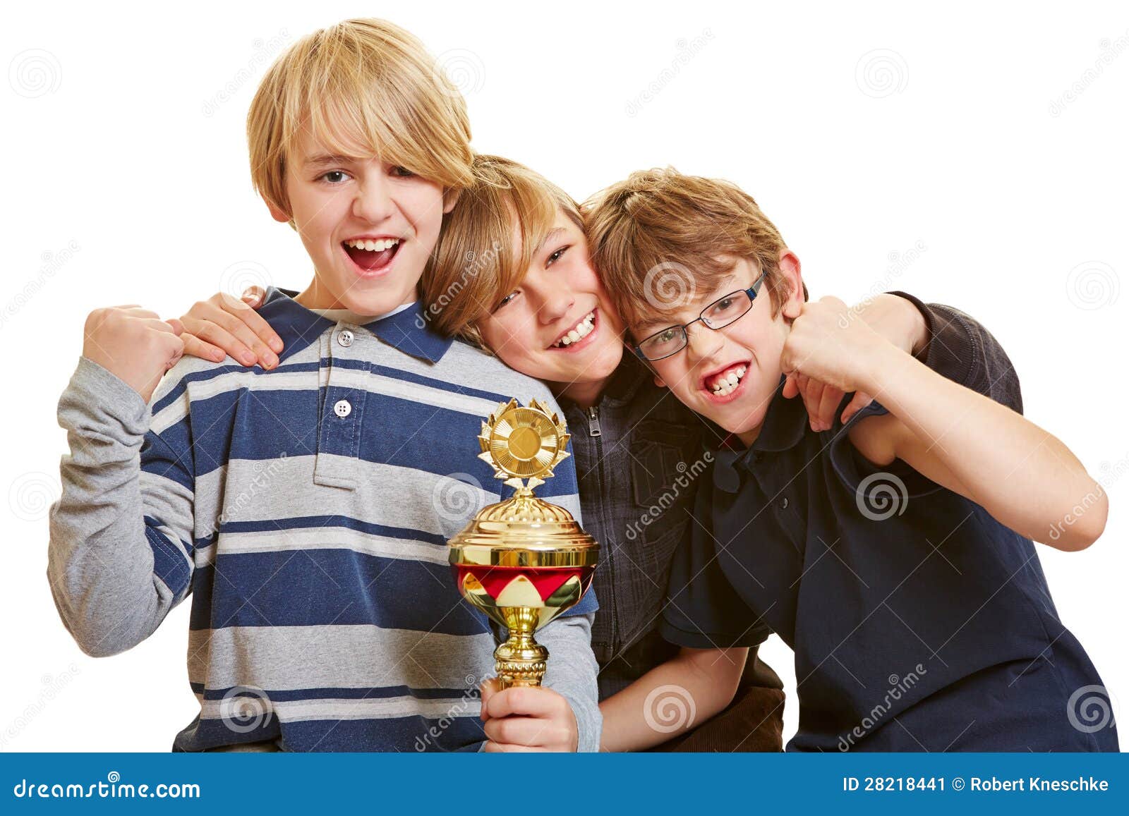 Three Boys with Trophy Cheering Stock Image - Image of laughing, people ...