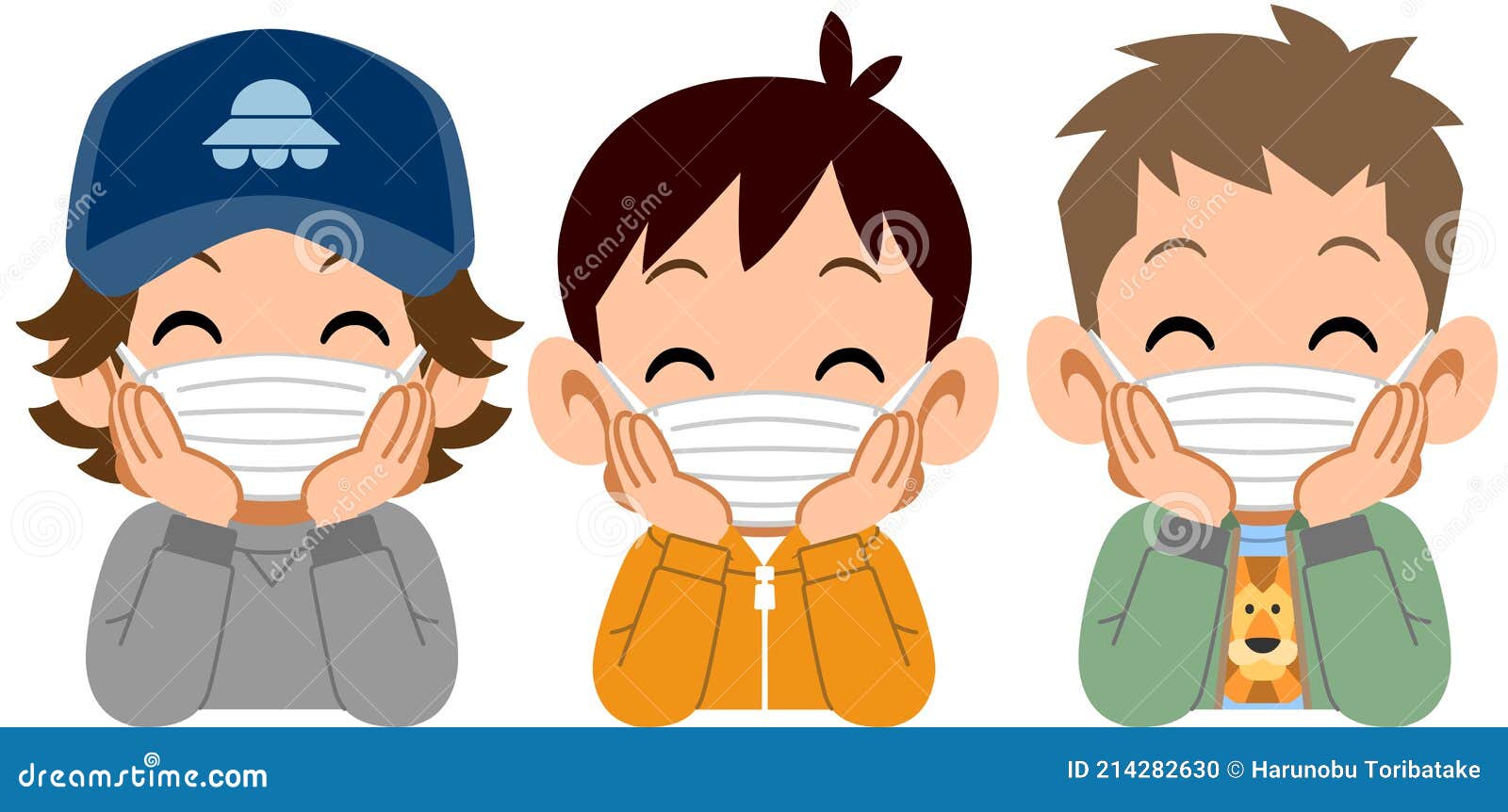 Three Boys Who Put on a Mask, and Rest Their Cheek on Their Hand with a ...