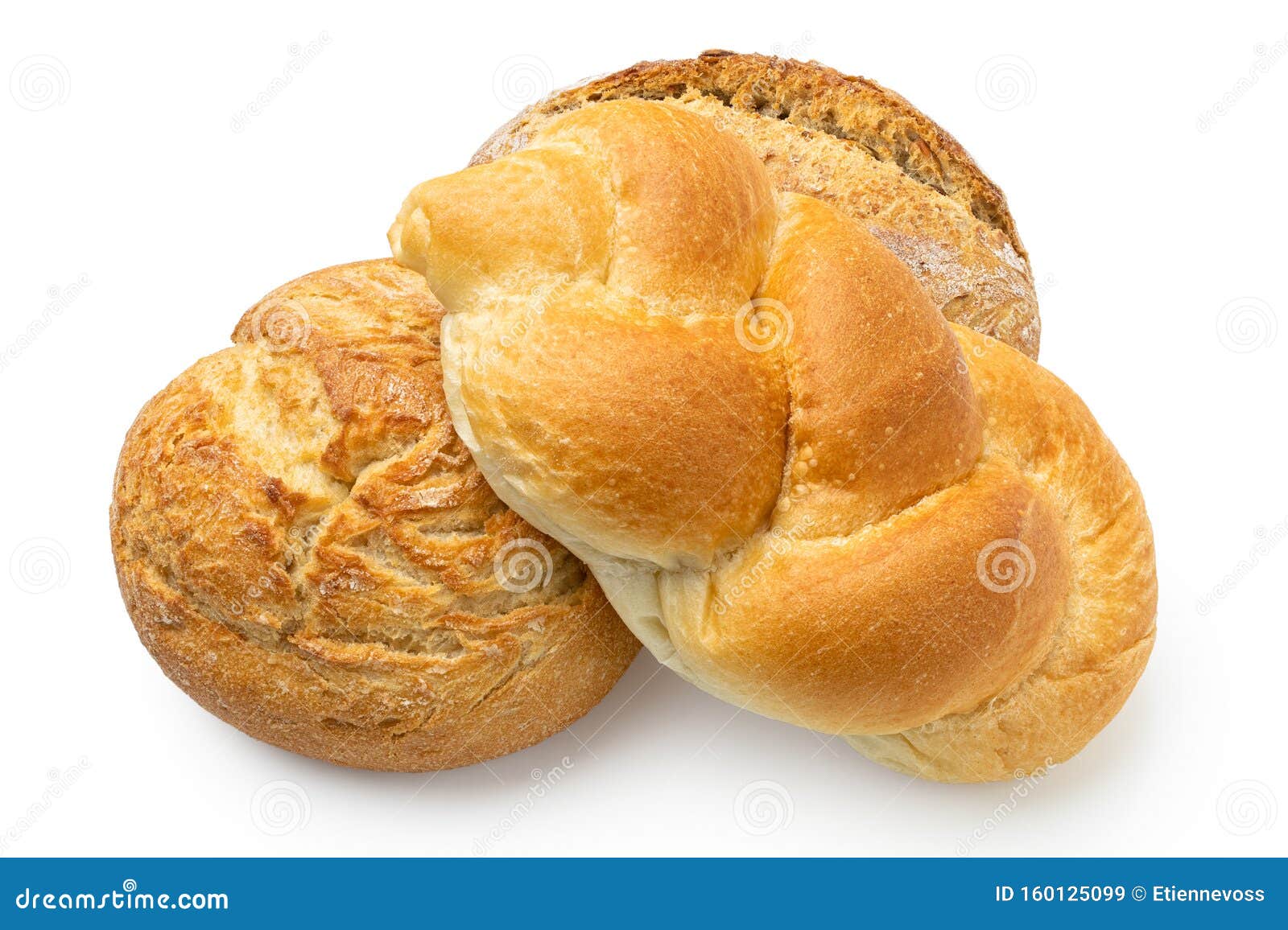 Three Bread Rolls Isolated on White. Round Rustic, Plaited and French ...