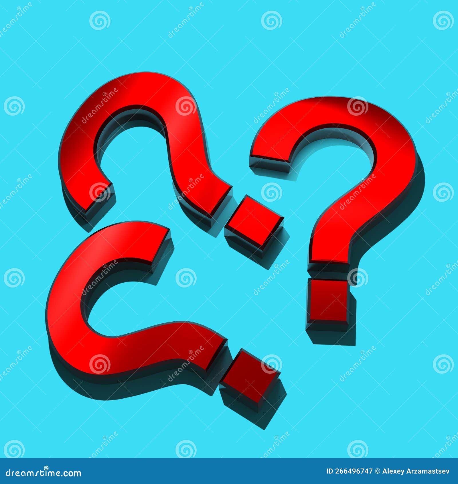 Three Bright Red Question Marks with Hard Shadows Lie on a Blue ...
