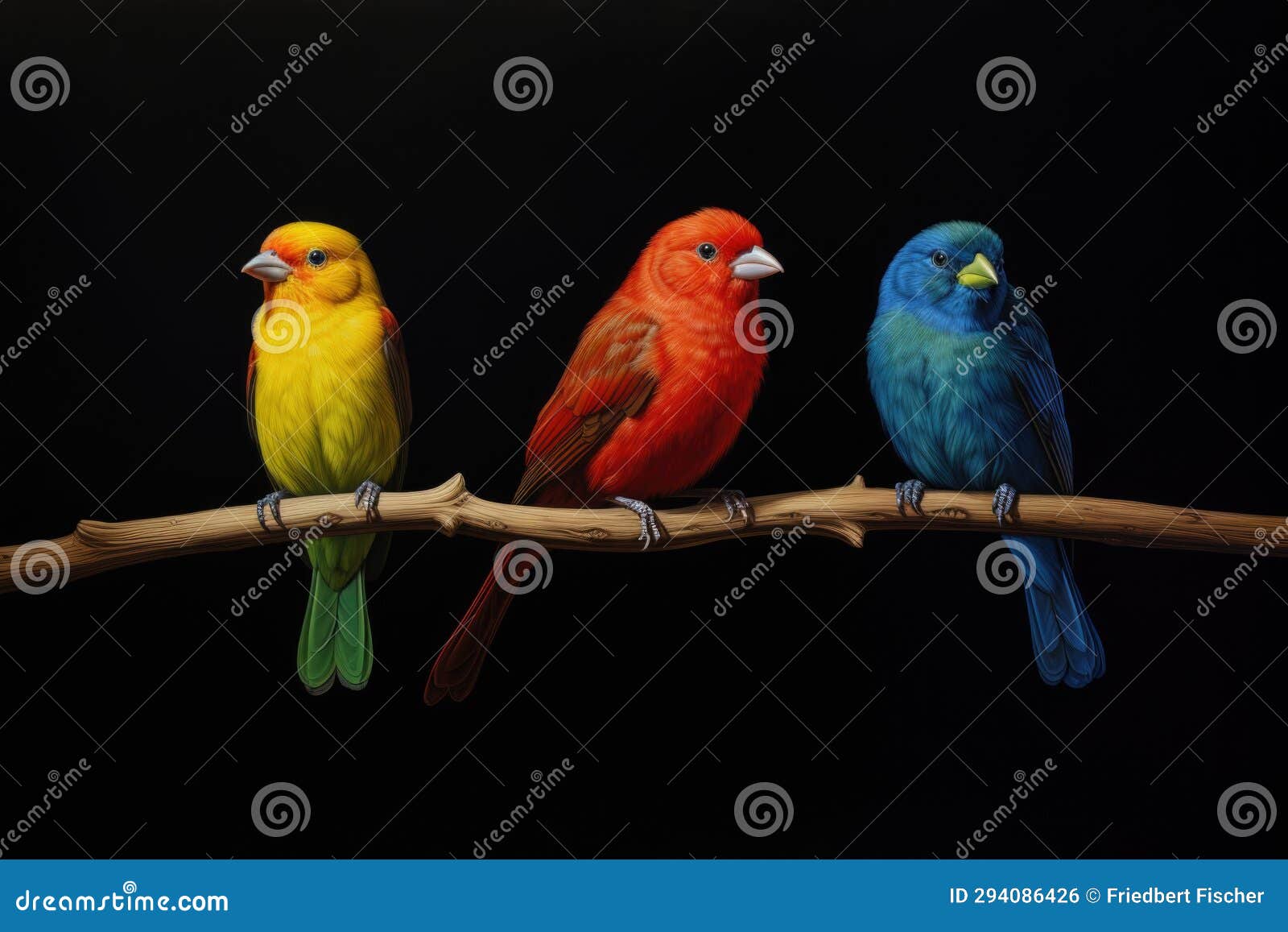 Three Brightly Colored Birds Perched on a Branch Stock Photo - Image of ...