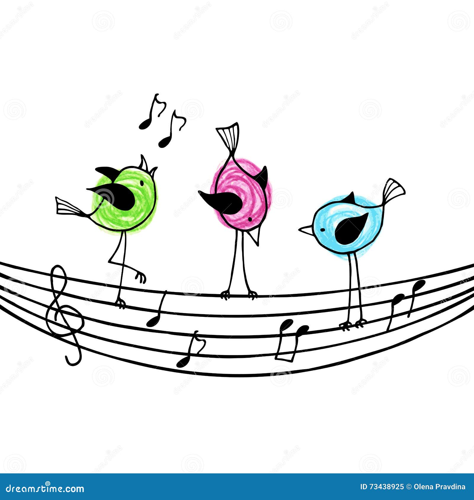 Three Brightly Colored Birds On The Stave With Treble Clef And N ...