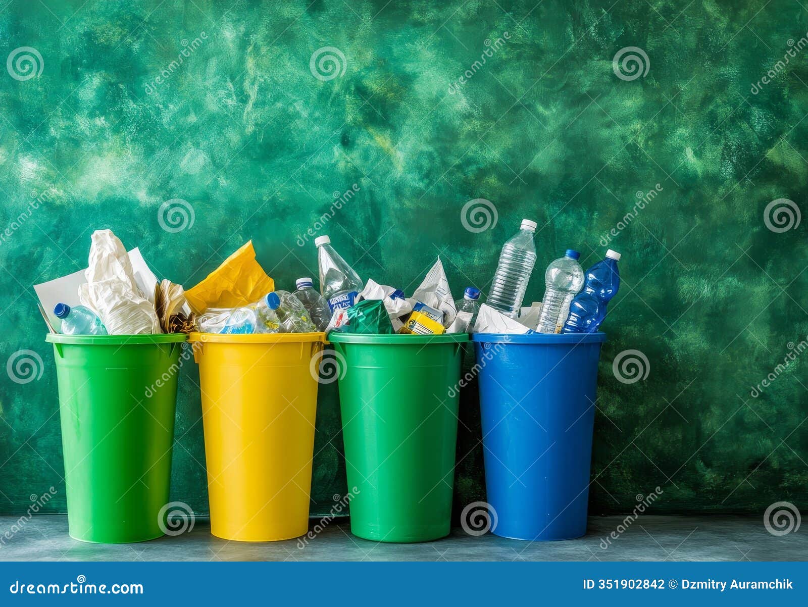 Three Brightly Colored Recycling Bins Packed with Mixed Waste. Stock ...