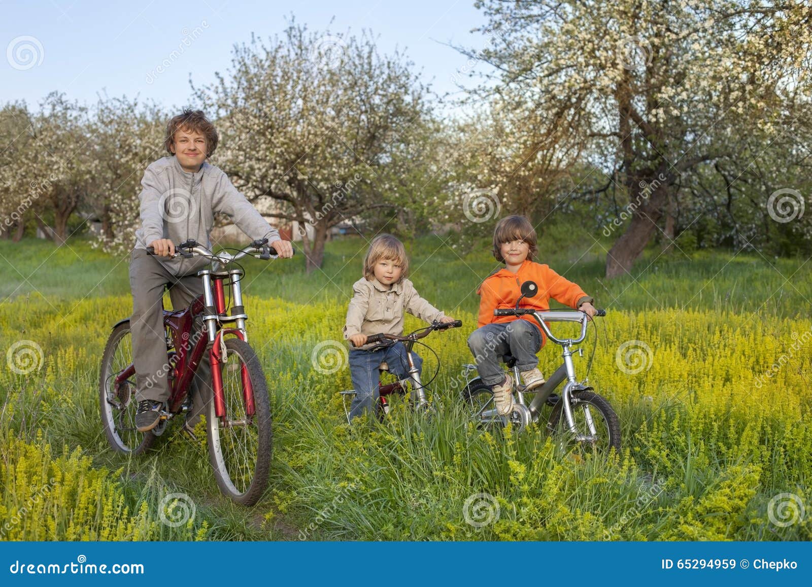 Three brothers ride bikes stock image. Image of child - 65294959