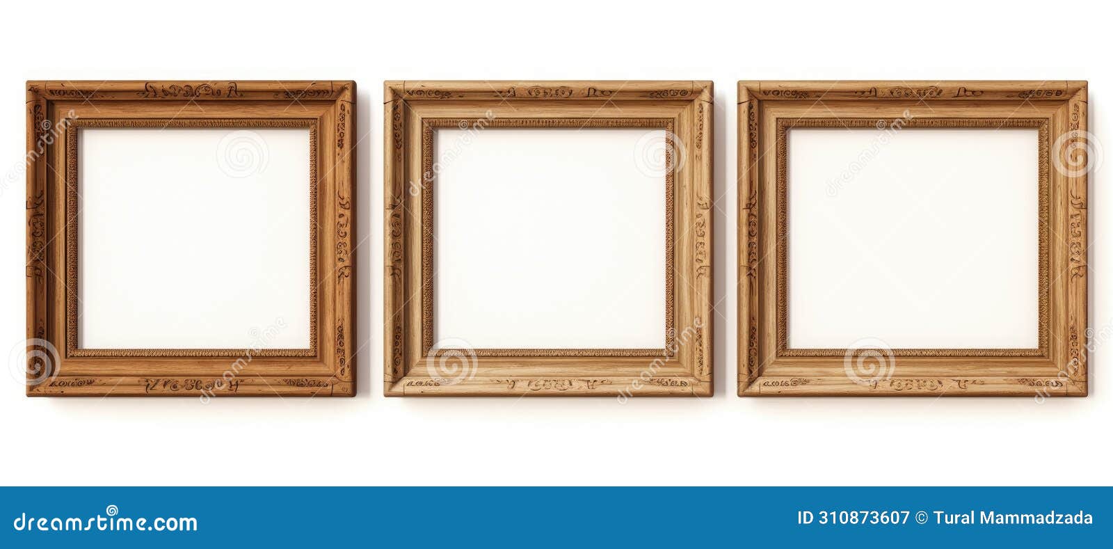 Three Brown Hardwood Picture Frames in a Row on a White Background ...