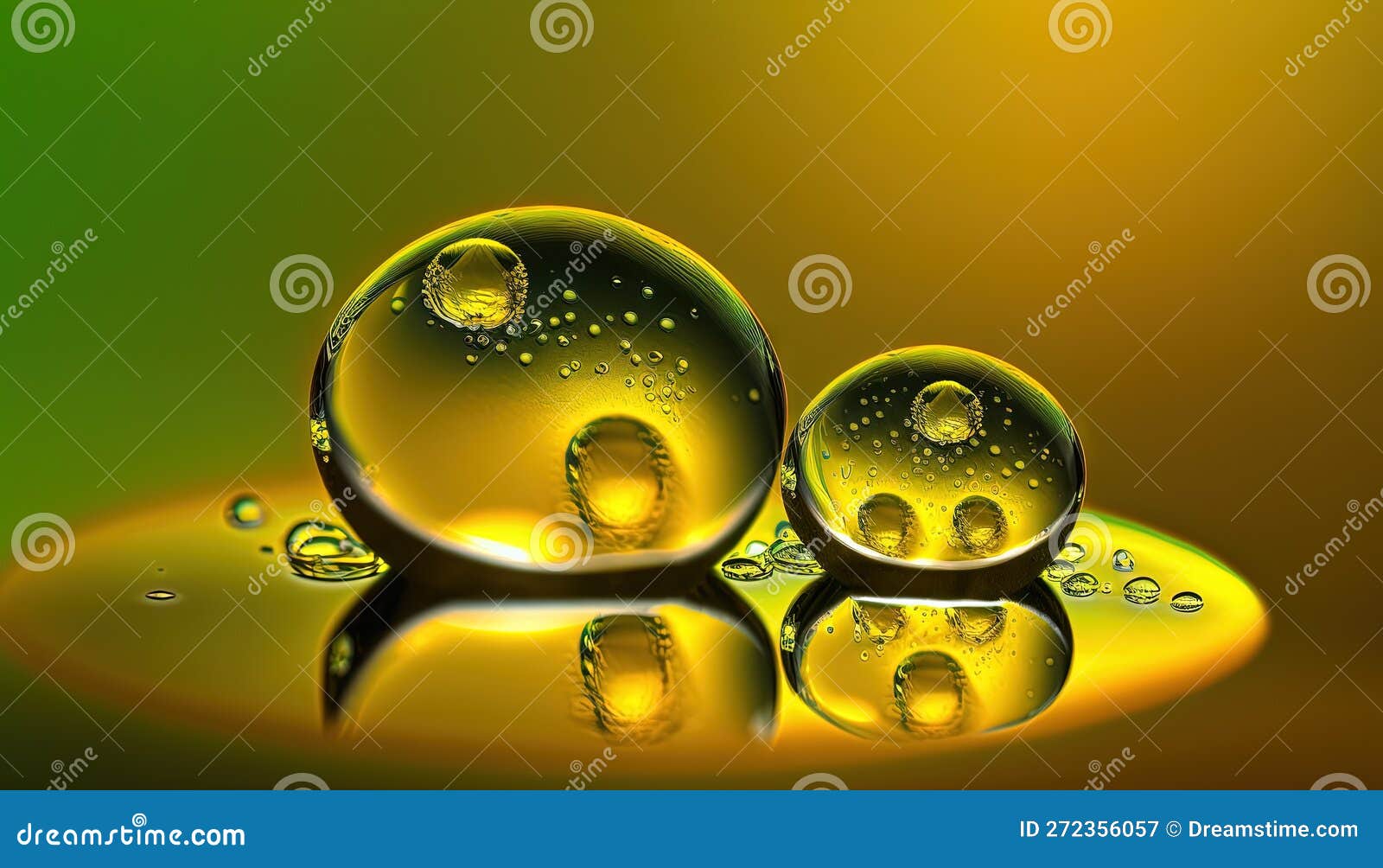 Three Bubbles of Water on a Green and Yellow Background with ...