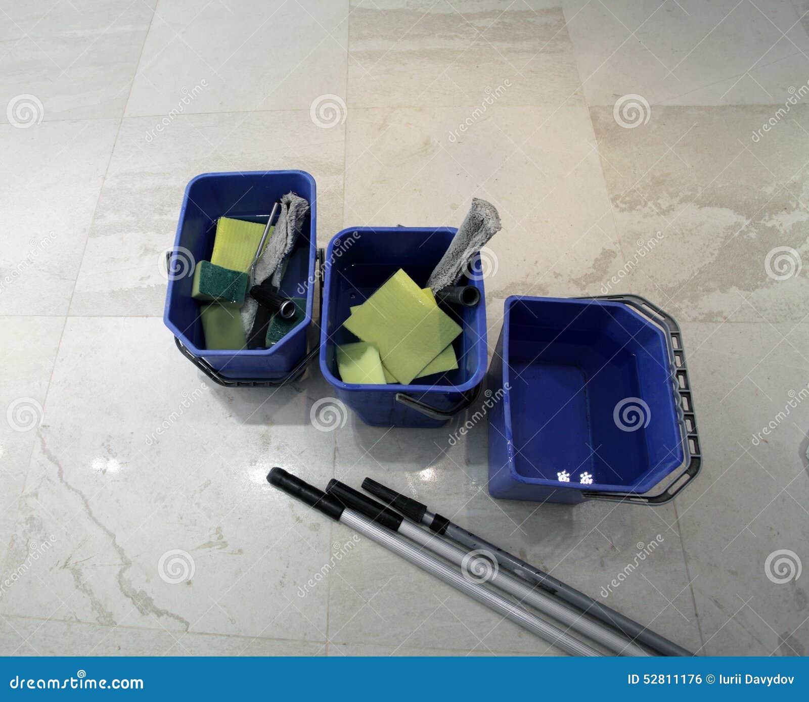 Three Buckets with Different Tools for Cleaning Floor Stock Photo ...
