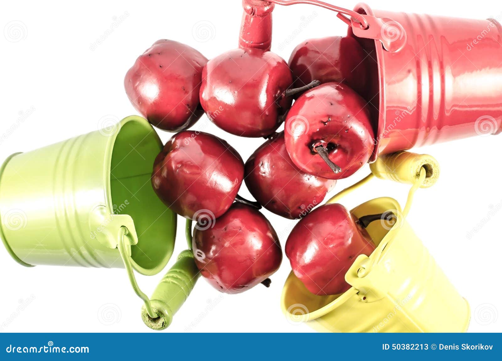 Three Buckets On A White Background With Striped Red And White Straws ...