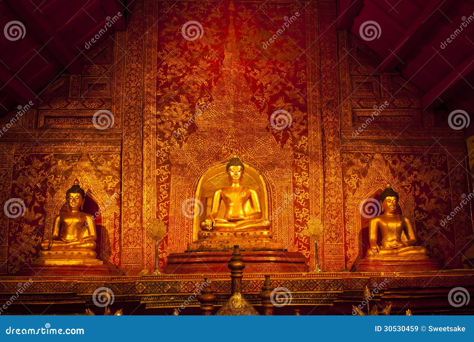 Three Buddha and Art Wall Temple Stock Image - Image of pattern ...