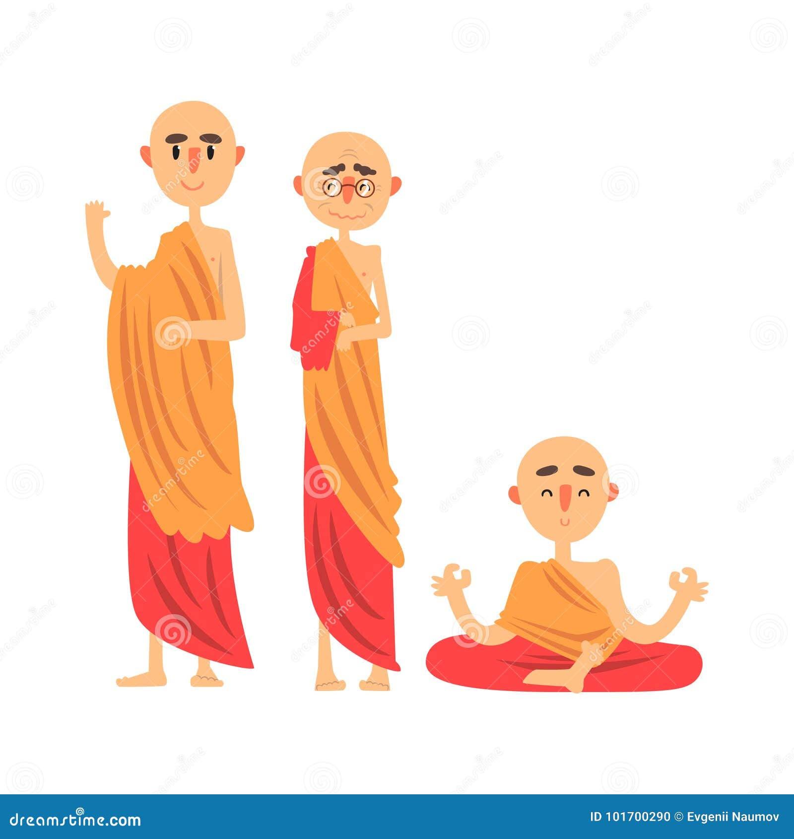 Three Buddhist Monks in Orange Clothes and in Different Poses Vector ...