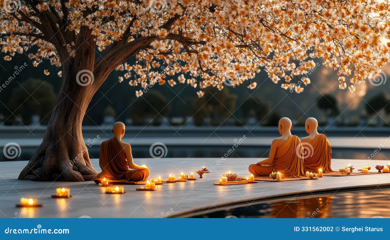 Three Buddhist Monks Sitting Under a Tree with Candles and Flowers, AI ...