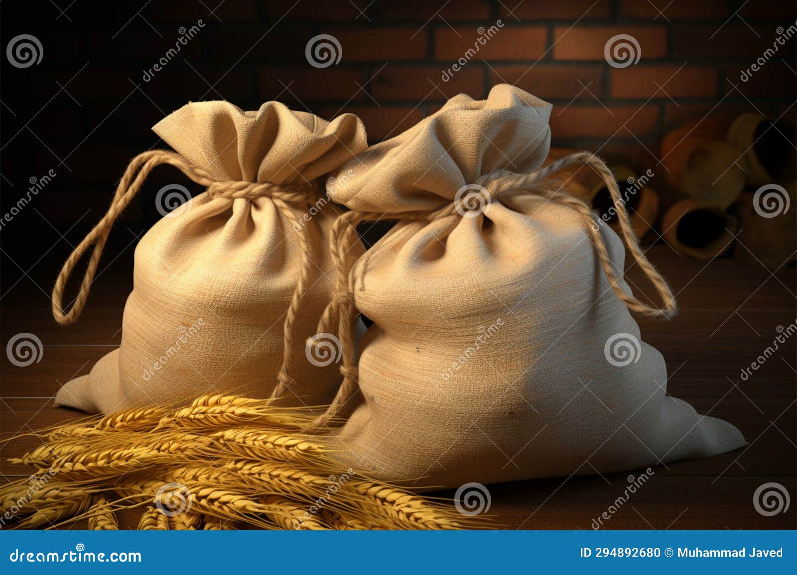 Three Bulging Wheat Sacks, One Open with Grains Spilling Out Stock ...