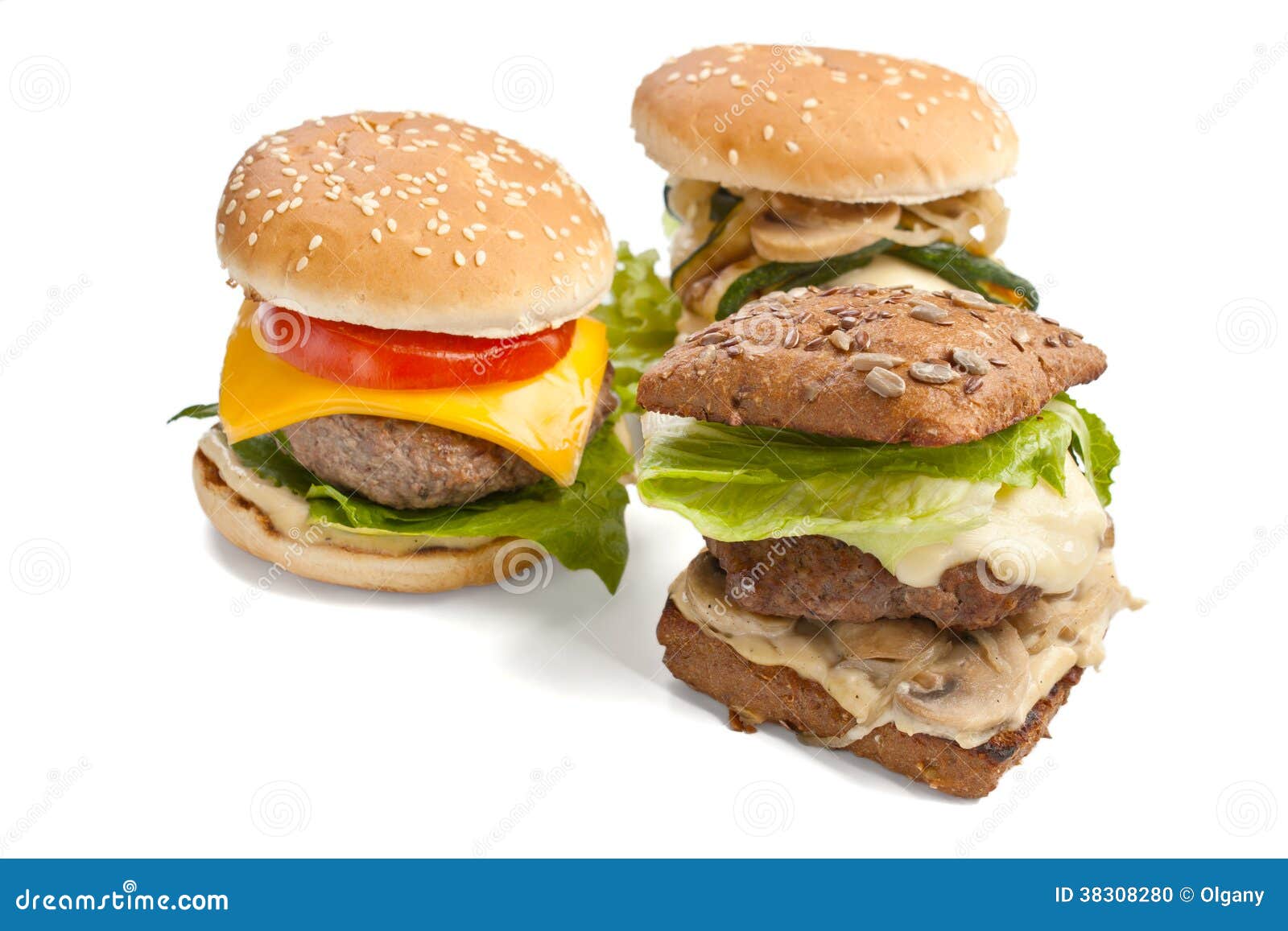 Three Burgers Isolated stock photo. Image of tasty, fried - 38308280