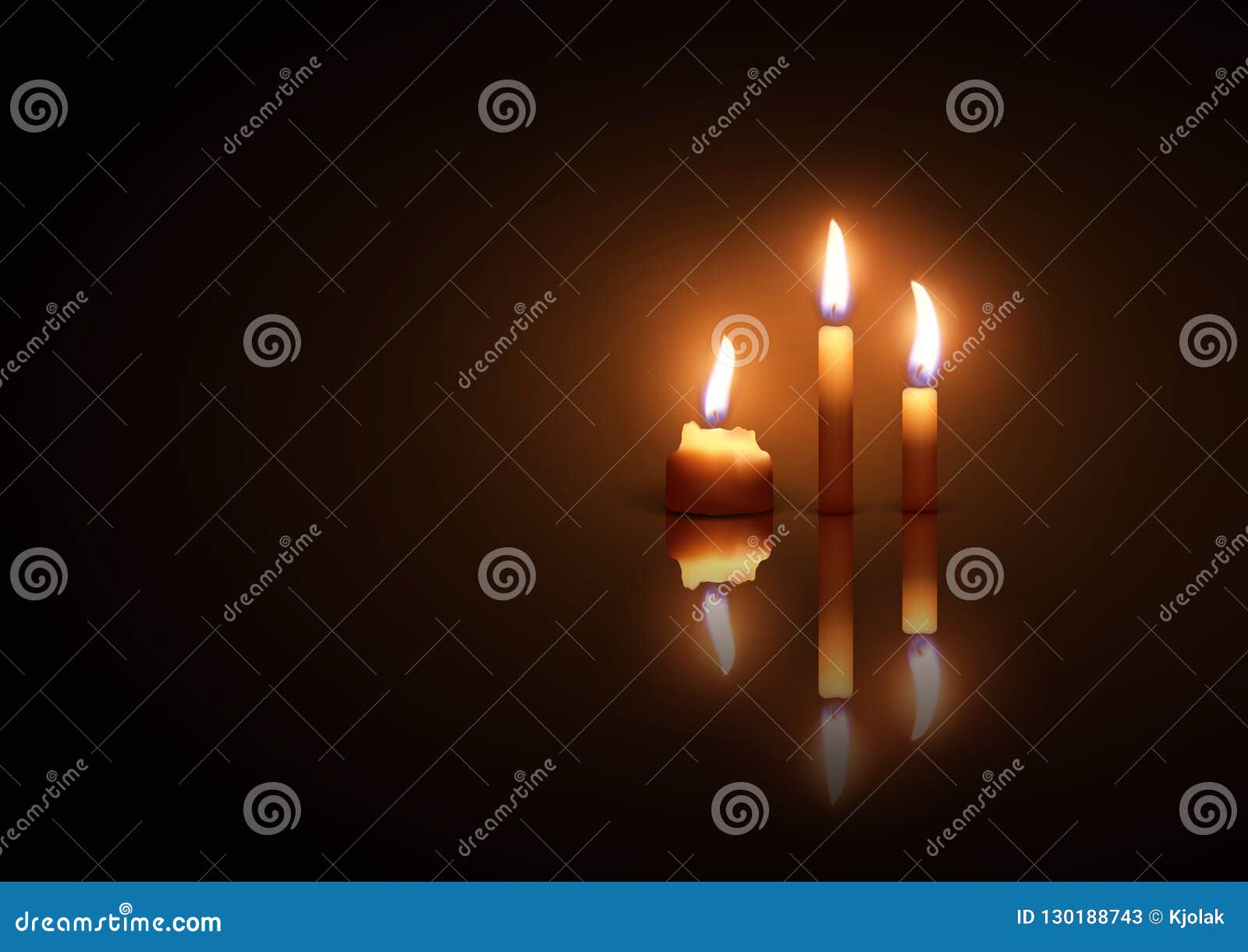 Three Burning Candles on a Dark Background with Reflection Effe Stock ...