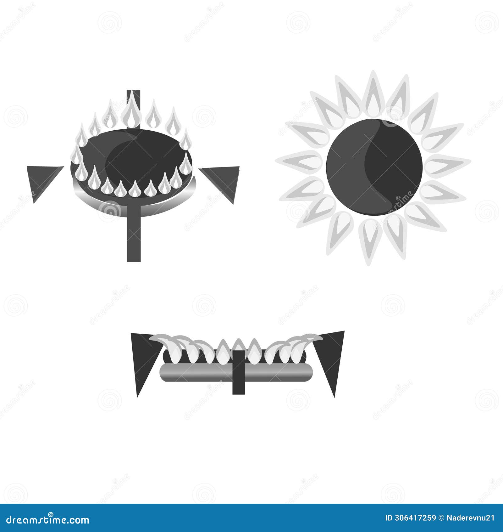 Three Burning Gas Burners from Different Angles in Black and White ...